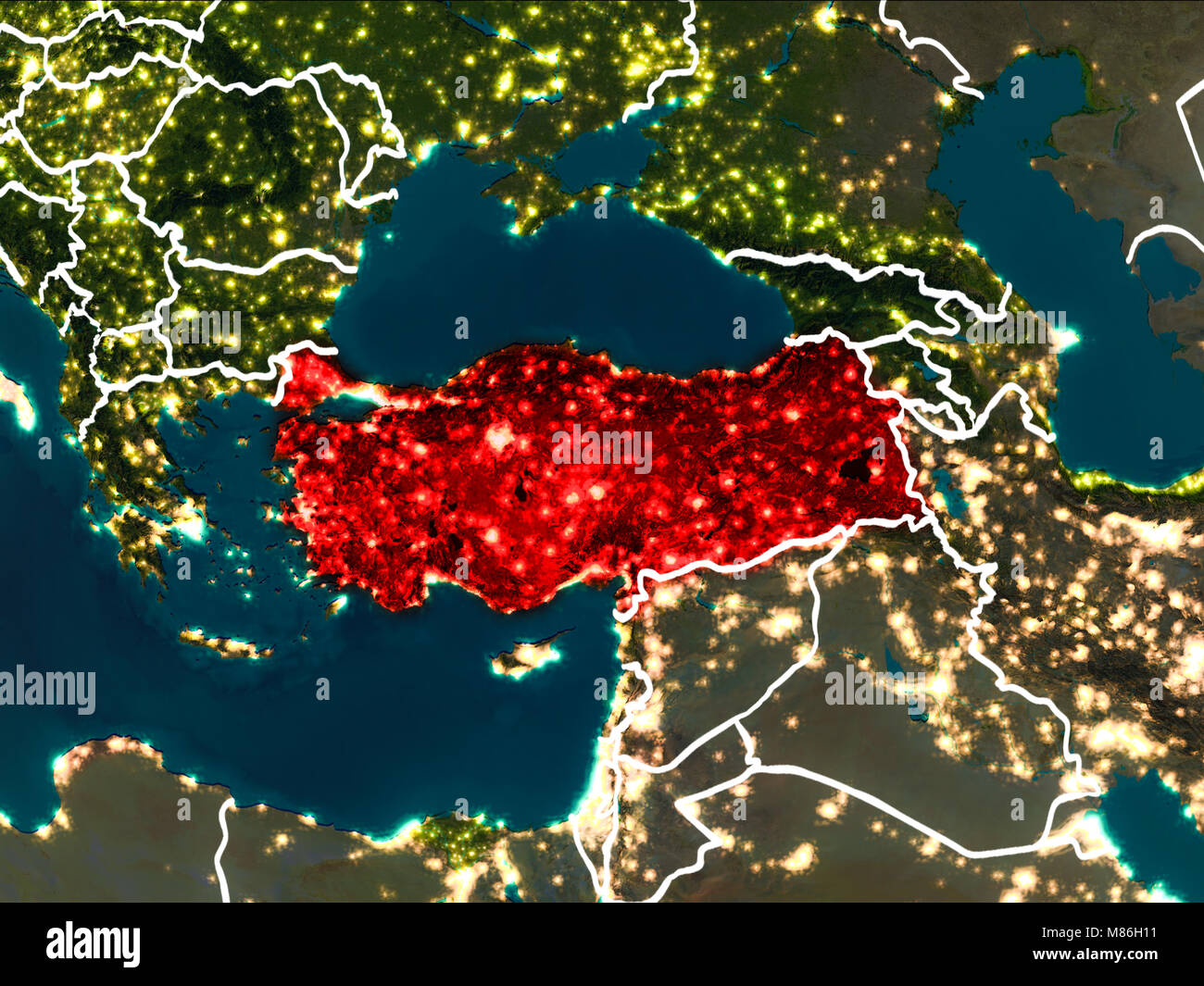 Turkey highlighted in red from Earth’s orbit at night with visible ...