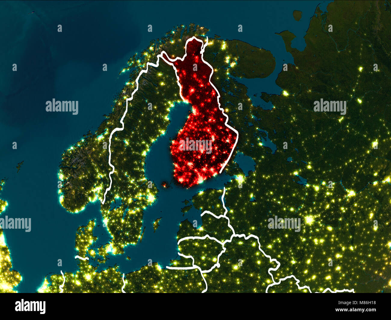 Finland highlighted in red from Earth’s orbit at night with visible country borders. 3D ...