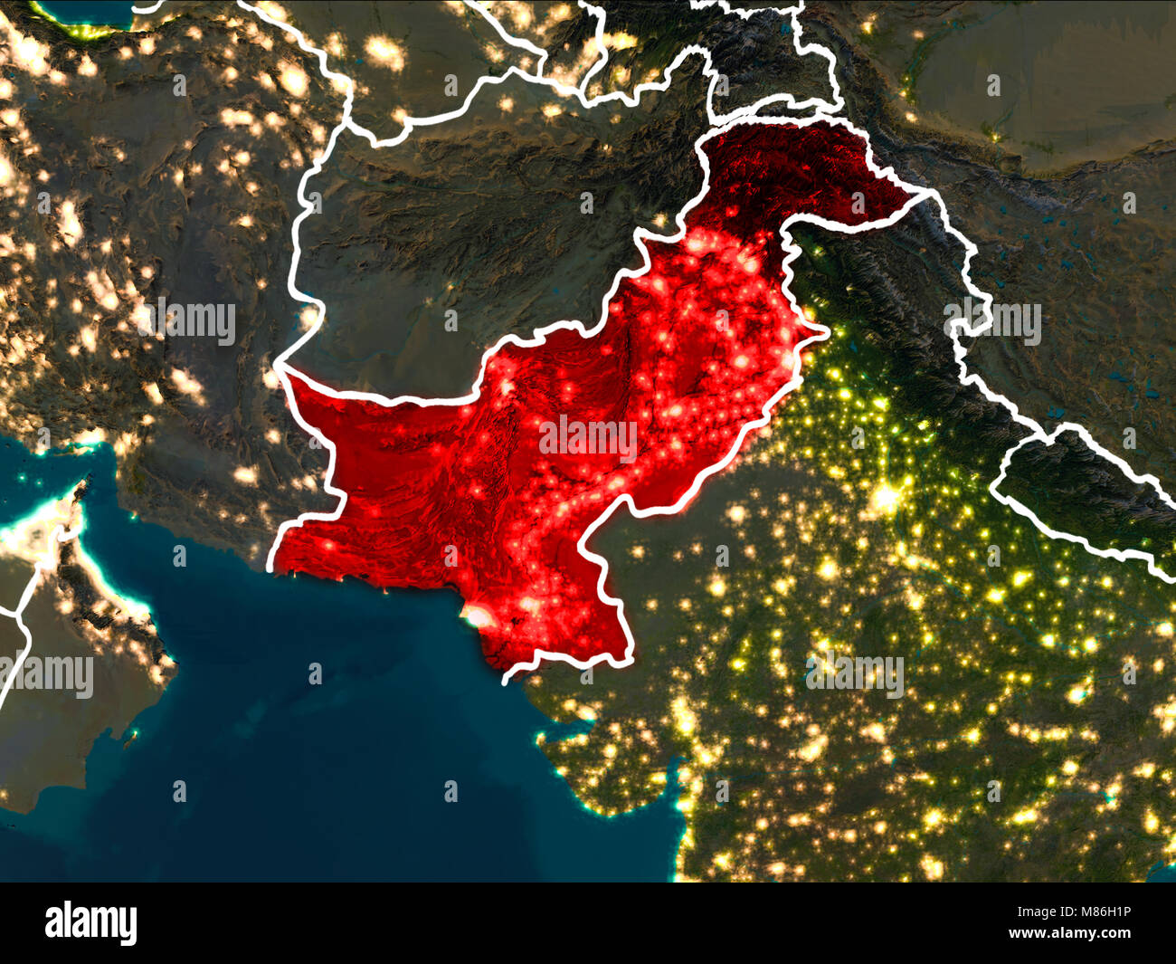Pakistan highlighted in red from Earth’s orbit at night with visible ...