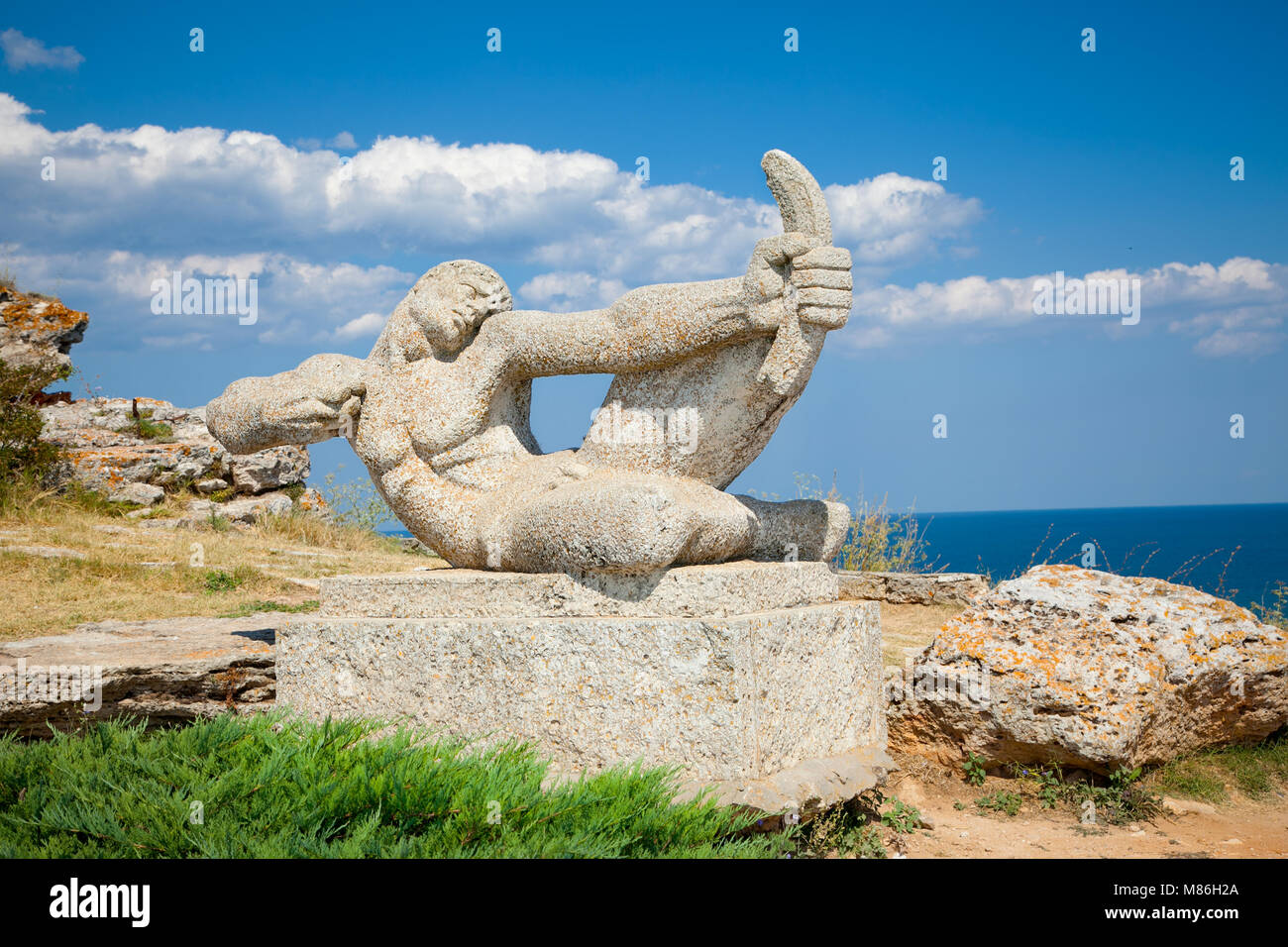 Stone statue in the medieval fortress on cape Kaliakra, Bulgaria Stock ...