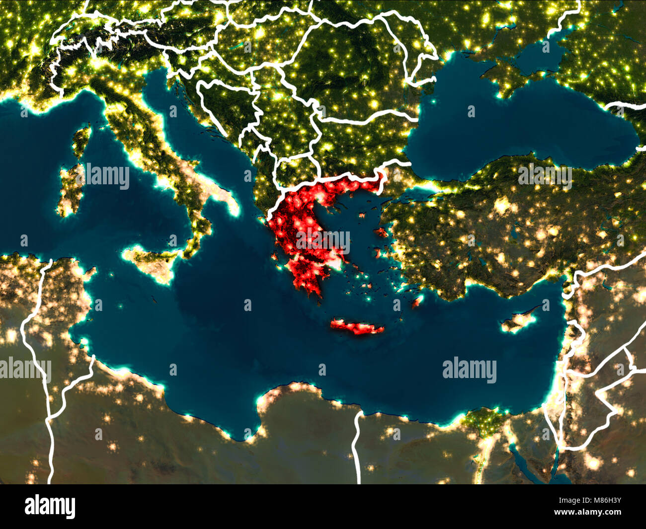 Highlighted Satellite Image Of Greece High Resolution Stock Photography ...
