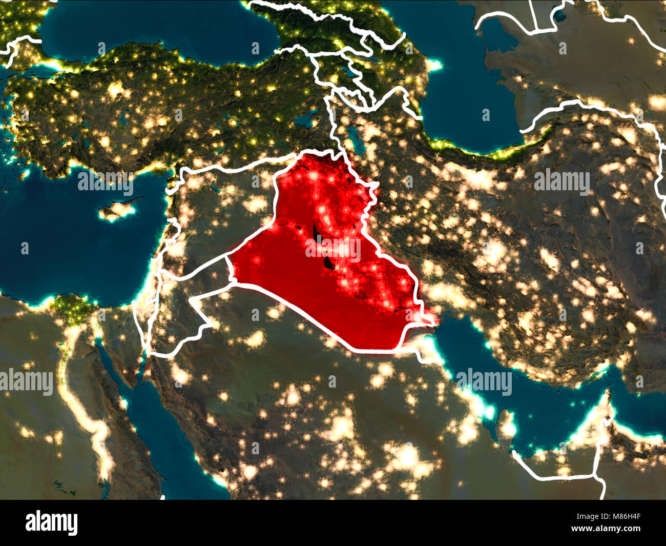 Iraq highlighted in red from Earth’s orbit at night with visible ...