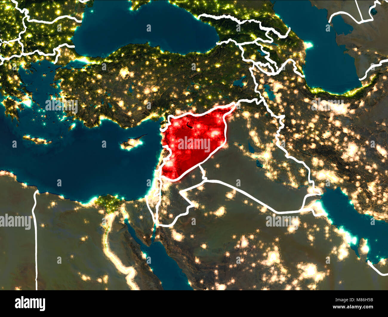 Syria highlighted in red from Earth’s orbit at night with visible ...