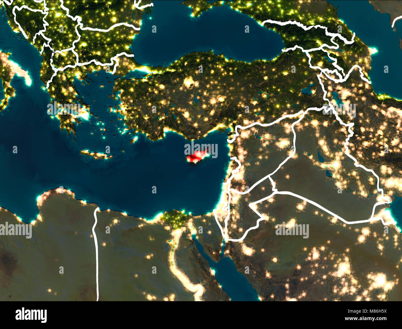 Cyprus highlighted in red from Earth’s orbit at night with visible ...
