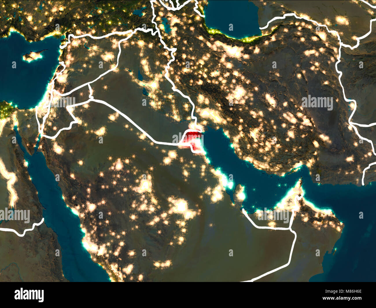 Kuwait highlighted in red from Earth’s orbit at night with visible country borders. 3D ...