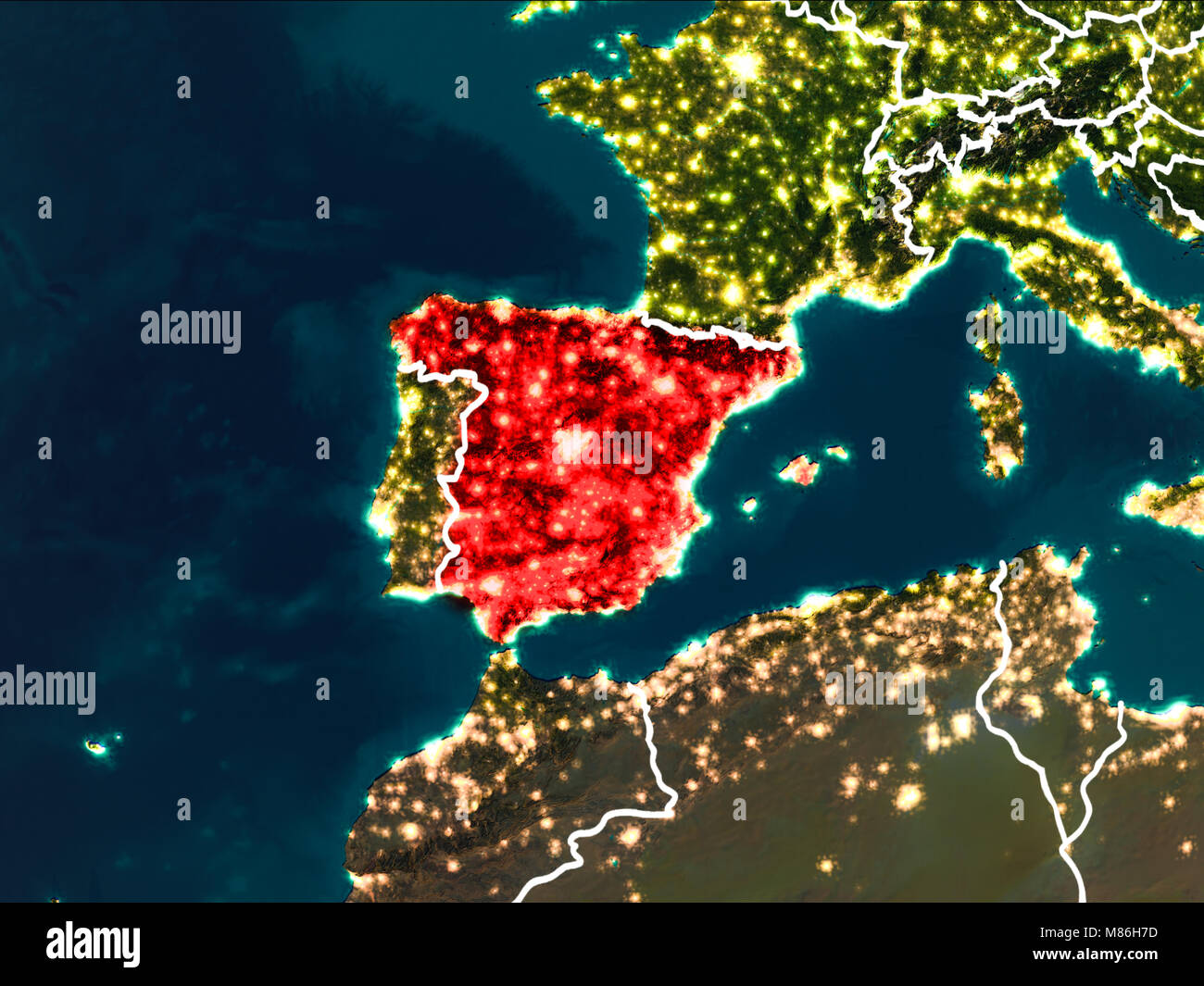 Spain highlighted in red from Earth’s orbit at night with visible ...