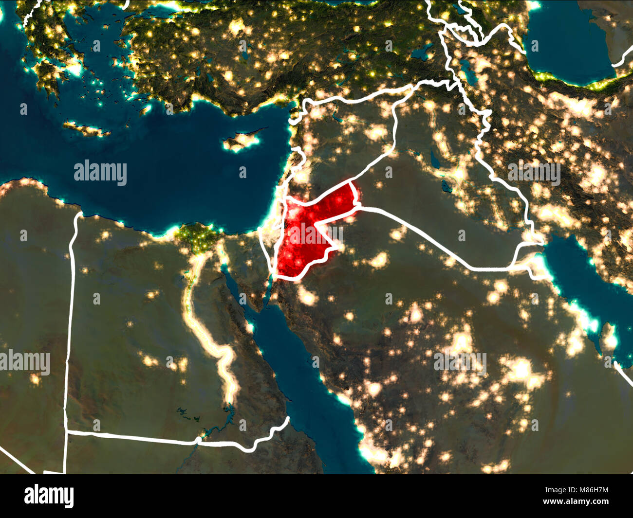 Jordan highlighted in red from Earth’s orbit at night with visible ...