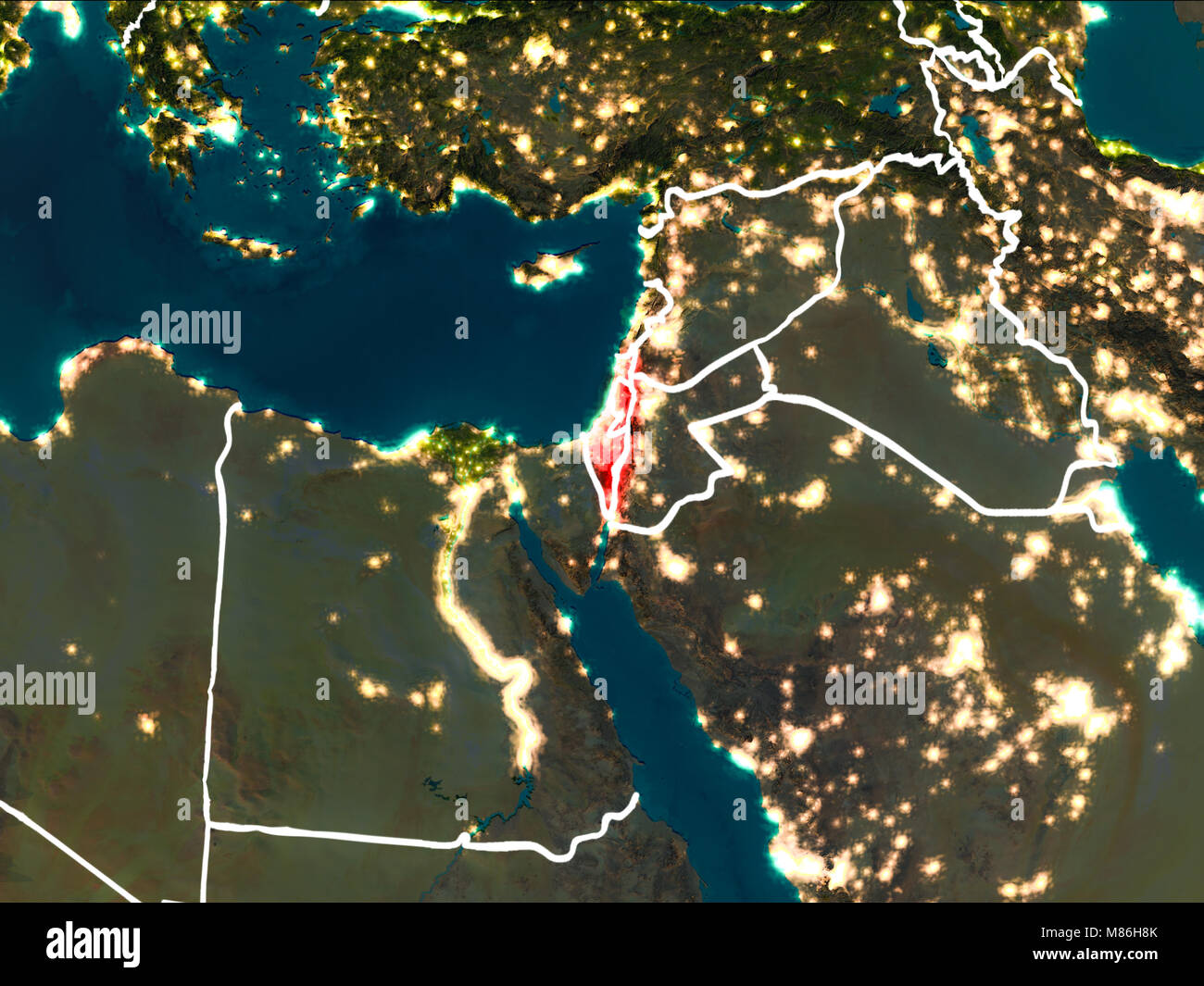 Israel highlighted in red from Earth’s orbit at night with visible ...