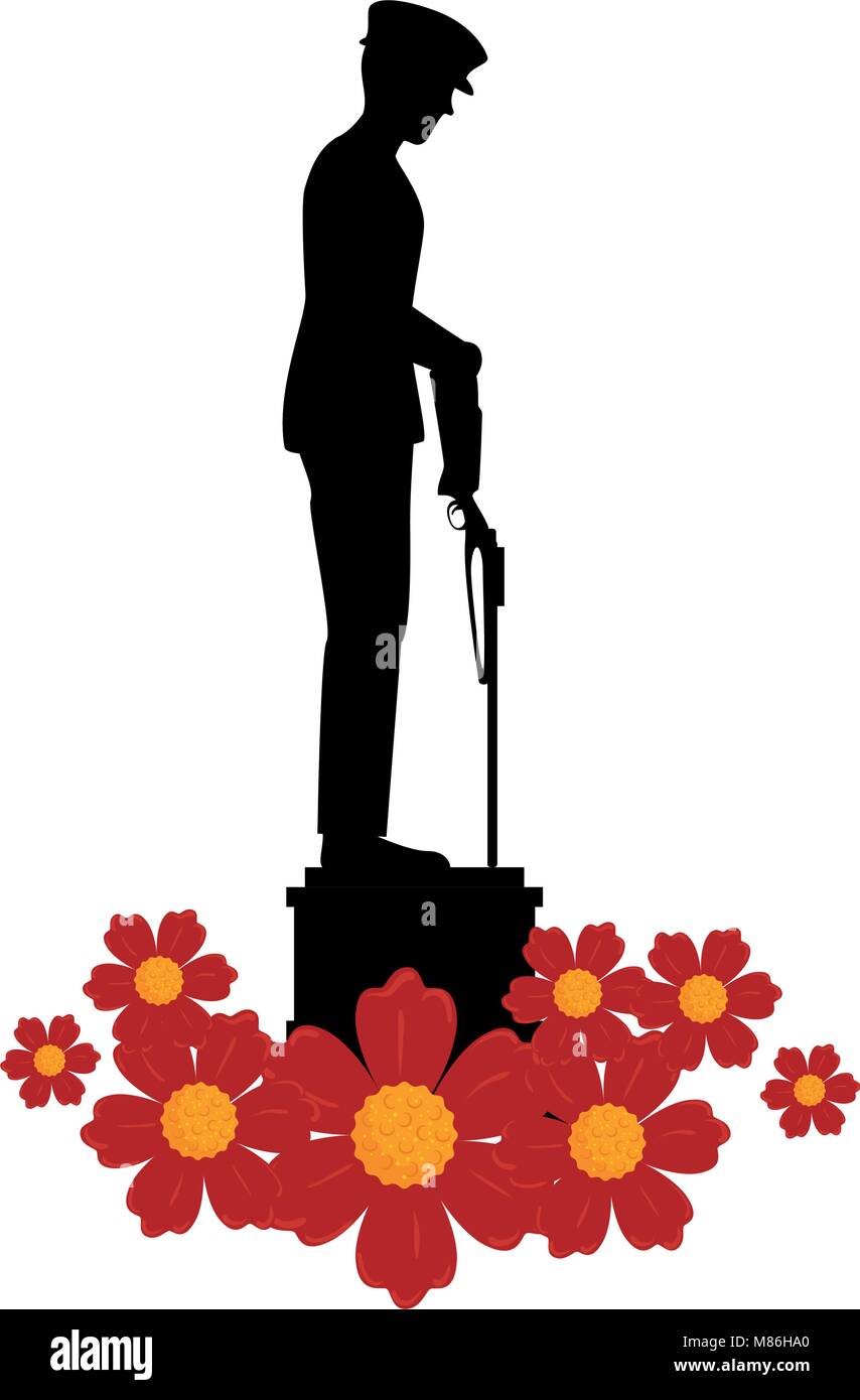 silhouette of soldier with rifle presenting respect with flowers Stock ...