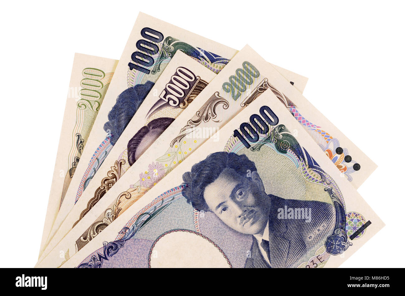 Selection of several different Japanese Yen currency bills isolated on ...