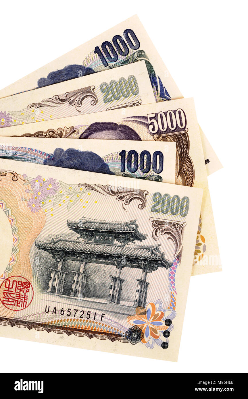 Reverse side view of a selection of several different Japanese Yen ...