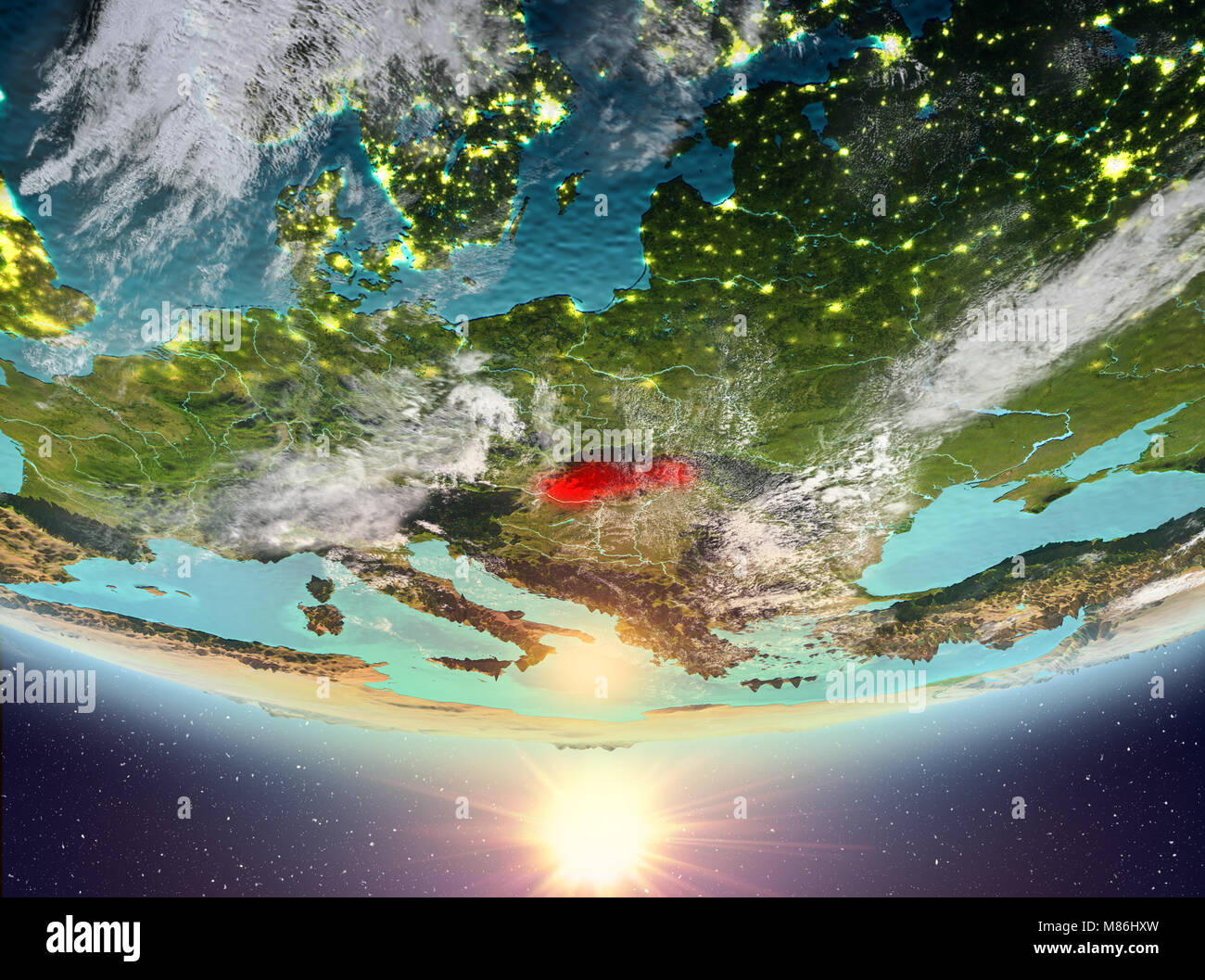 Slovakia during sunrise highlighted in red on planet Earth with clouds. 3D illustration ...