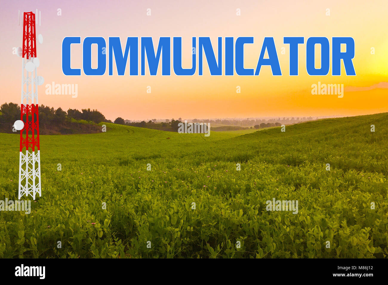 3D illustration of COMMUNICATOR script beside a communication pole ...