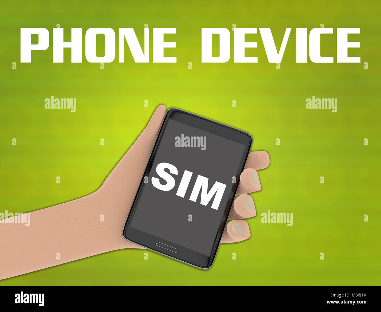 3D illustration of SIM script on the screen of a cellulr phone held by ...