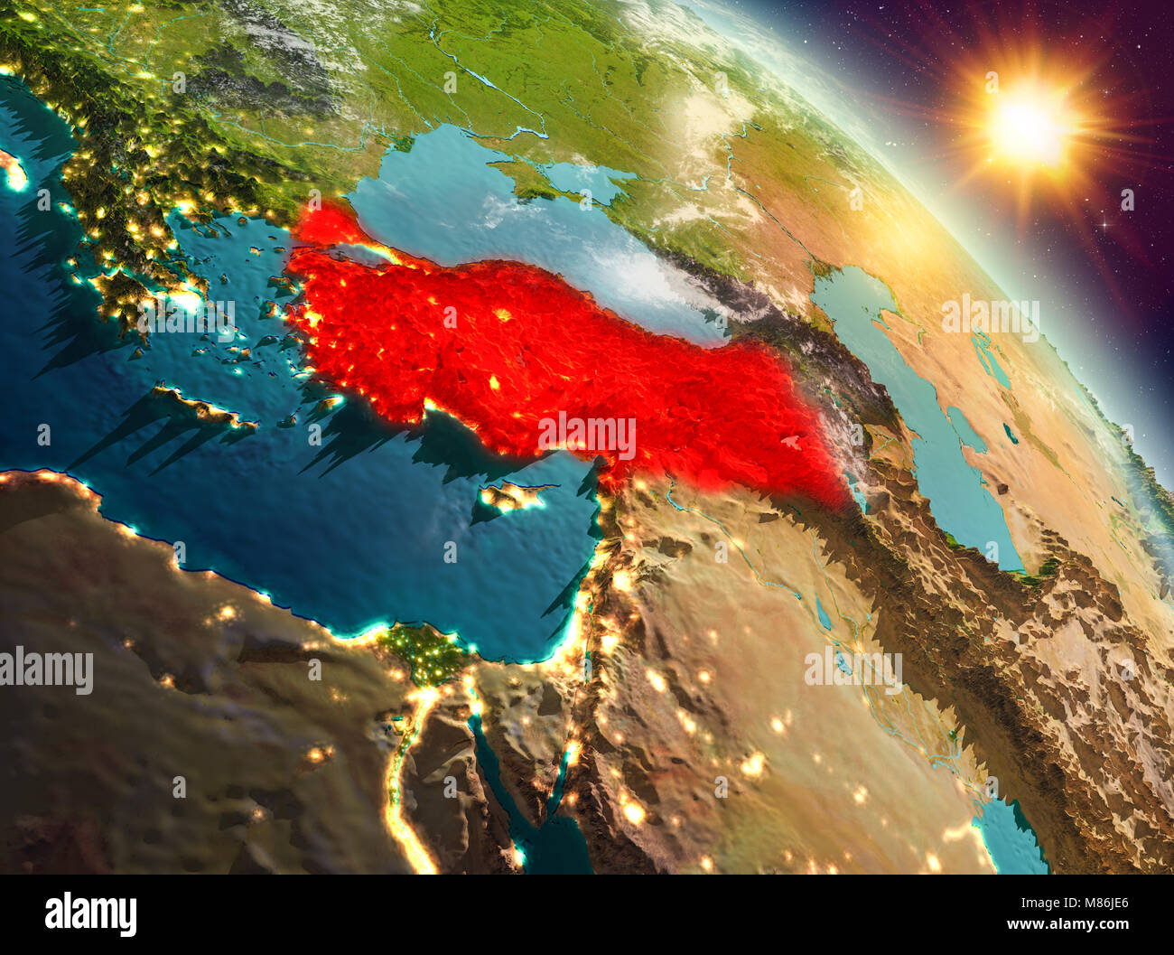 Sunrise above Turkey highlighted in red on model of planet Earth in ...
