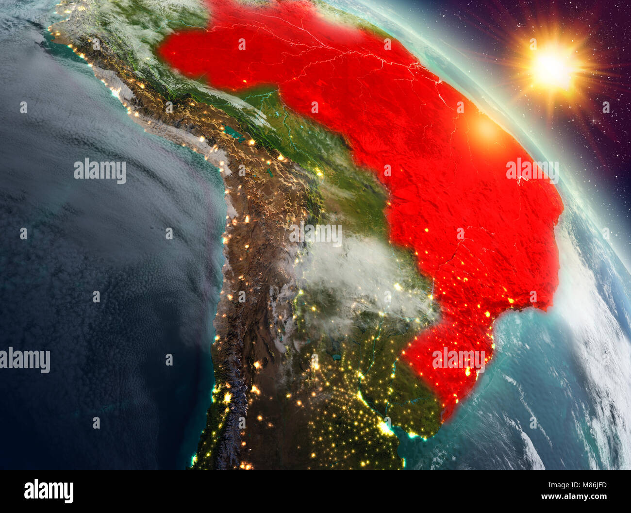 Sunrise above Brazil highlighted in red on model of planet Earth in ...