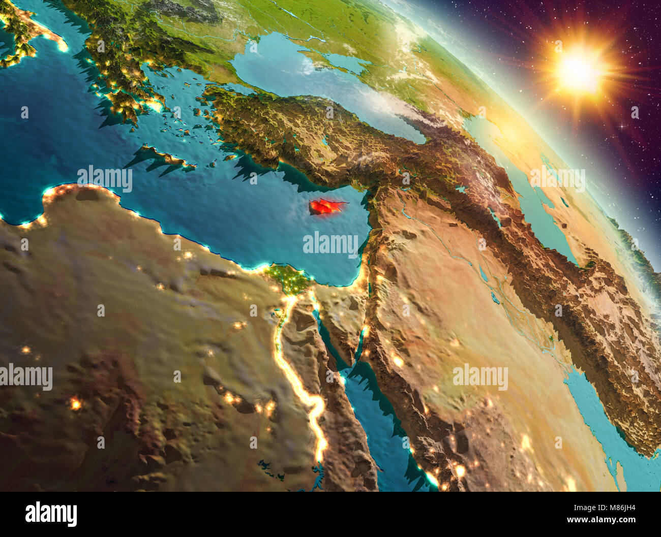 Sunrise above Cyprus highlighted in red on model of planet Earth in ...