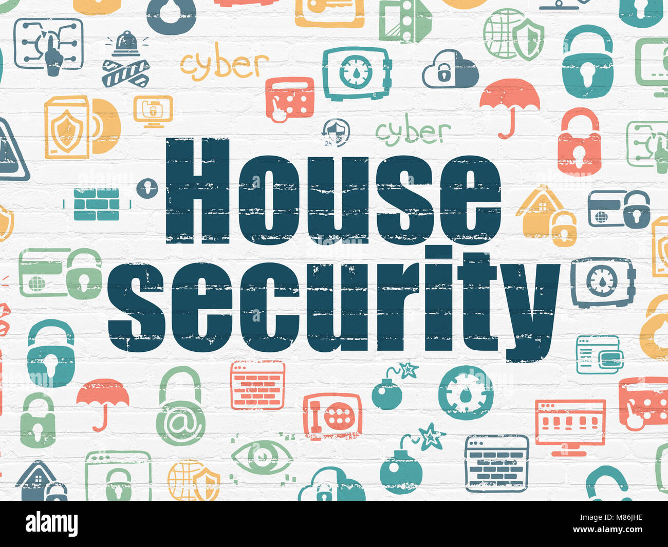 Protection concept: House Security on wall background Stock Photo - Alamy