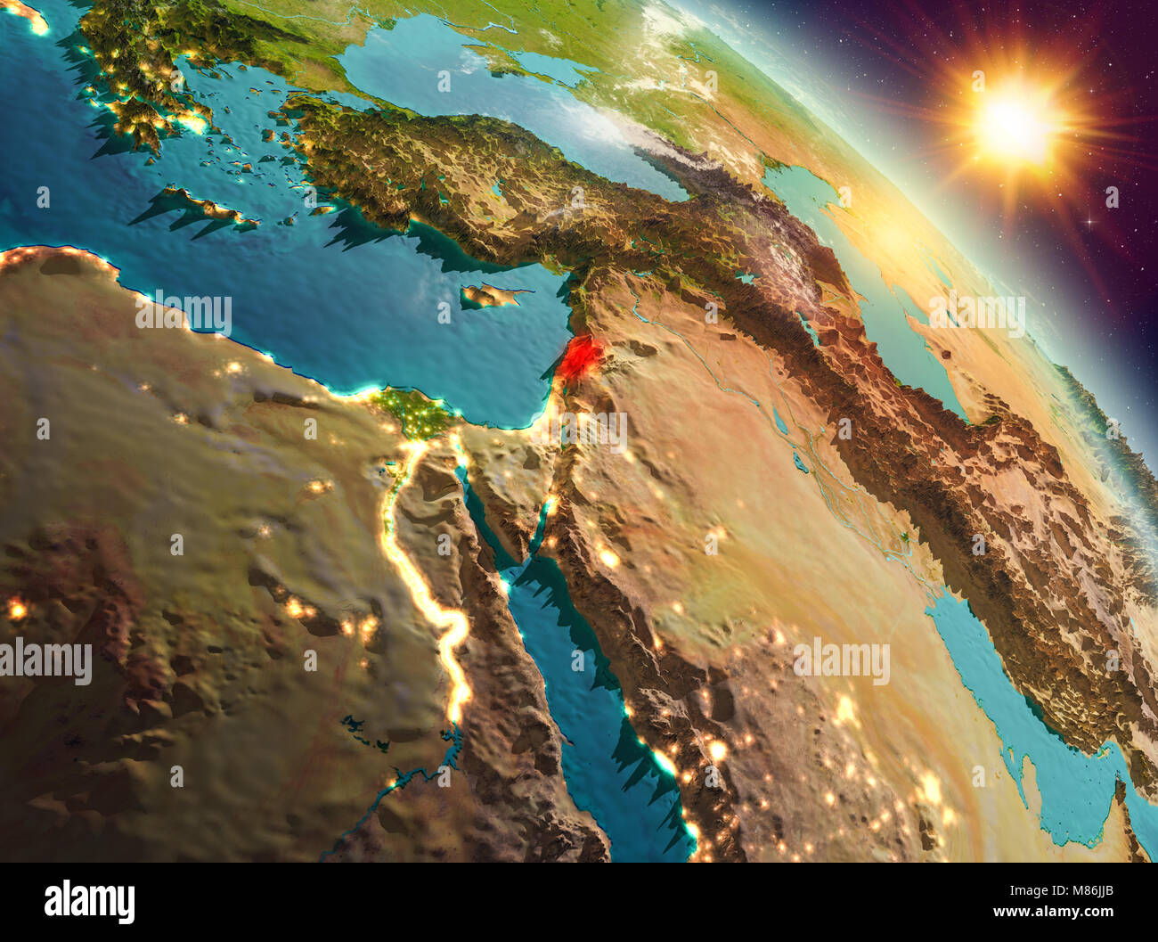 Sunrise above Lebanon highlighted in red on model of planet Earth in ...