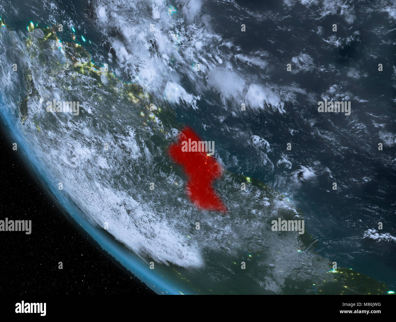 Guyana at night highlighted in red on planet Earth with clouds. 3D ...