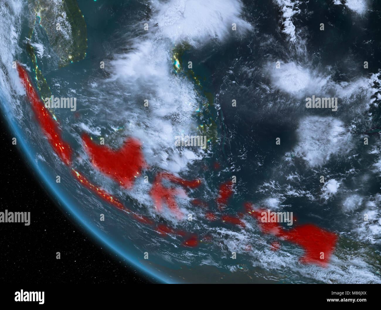Indonesia at night highlighted in red on planet Earth with clouds. 3D ...