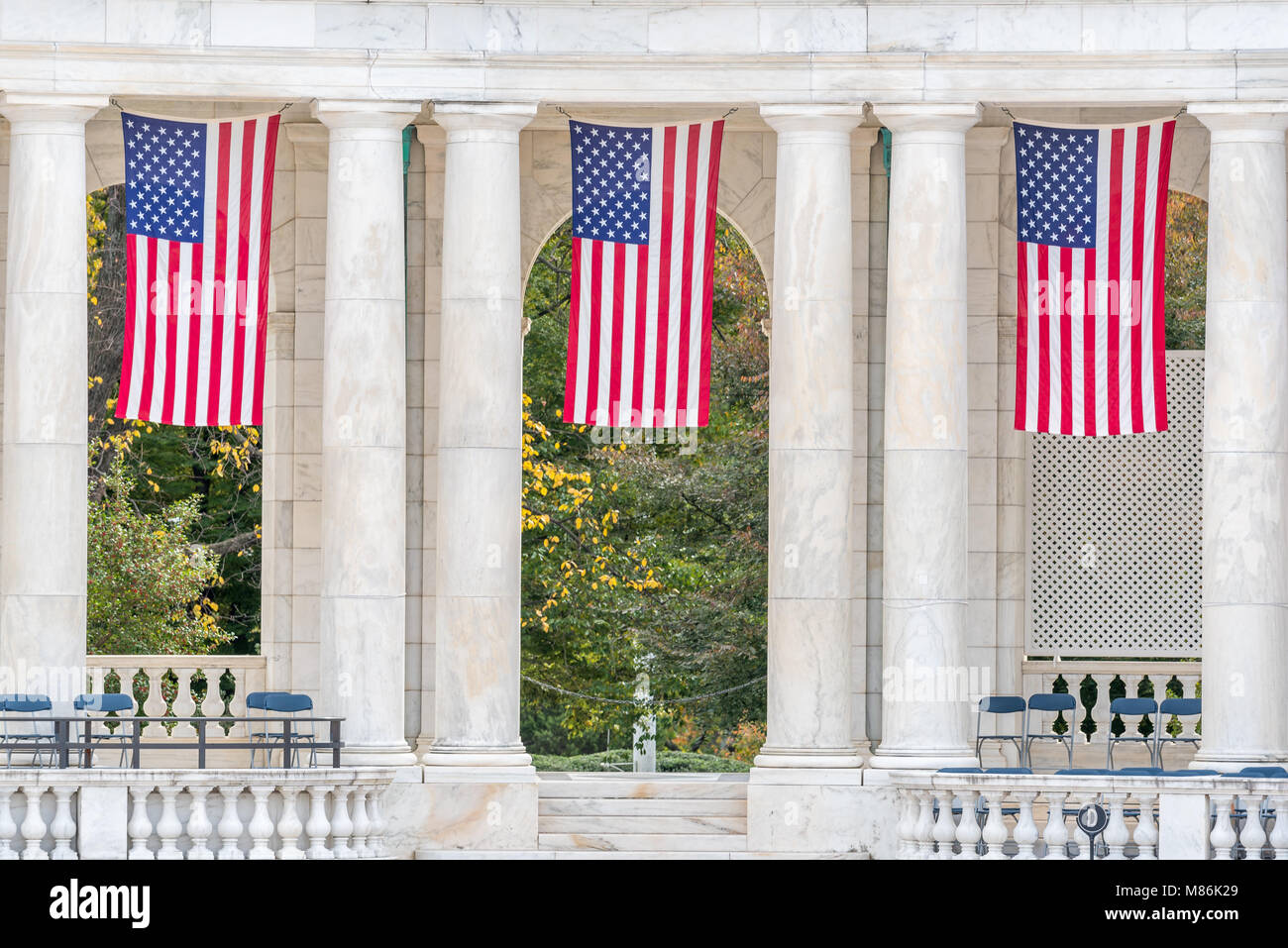 American flags hanging from the walls of the Memorial Amphitheatre at ...