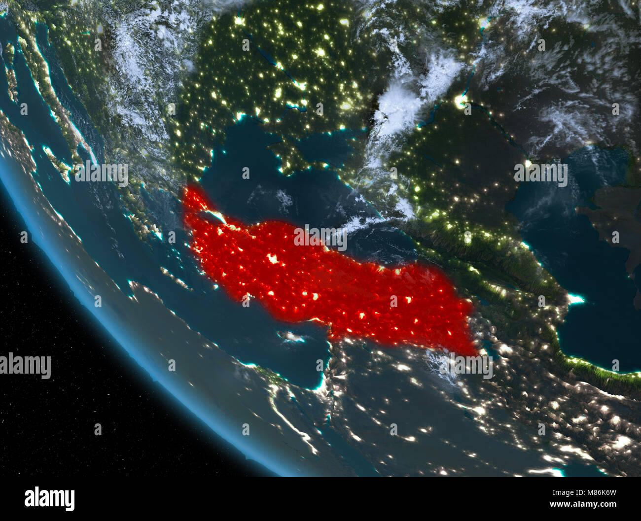 Turkey at night highlighted in red on planet Earth with clouds. 3D ...