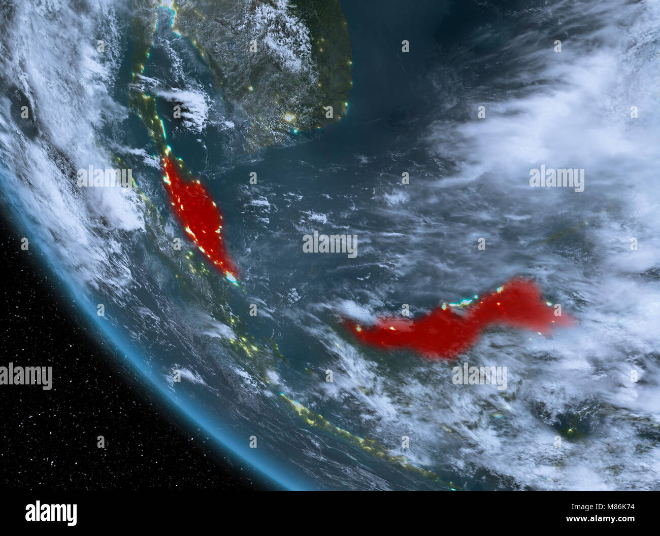 Malaysia at night highlighted in red on planet Earth with clouds. 3D ...