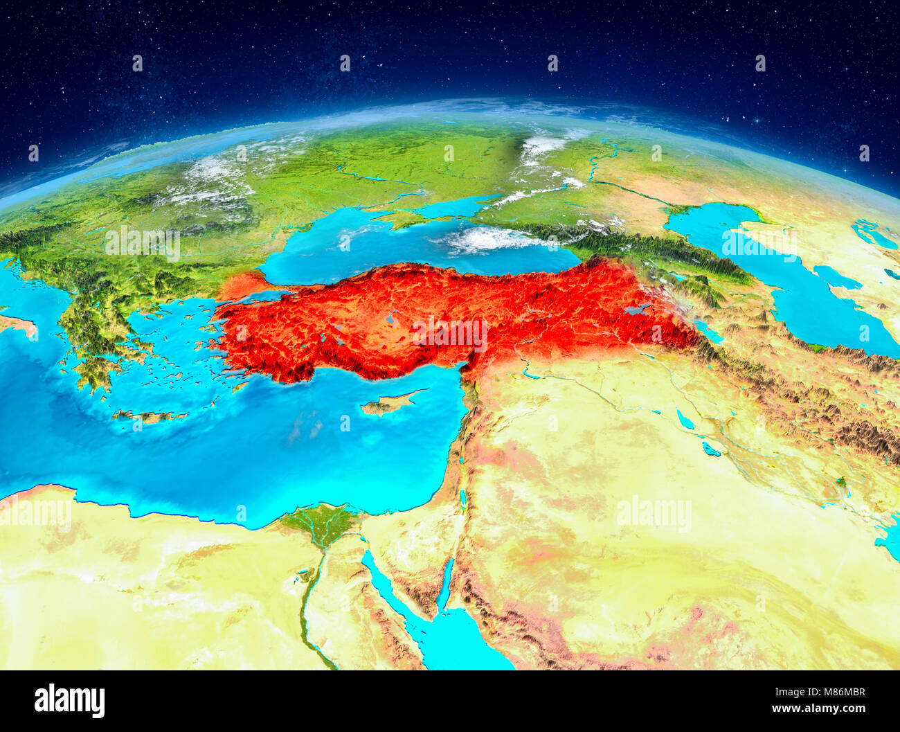 Orbit view of Turkey highlighted in red on planet Earth with highly ...