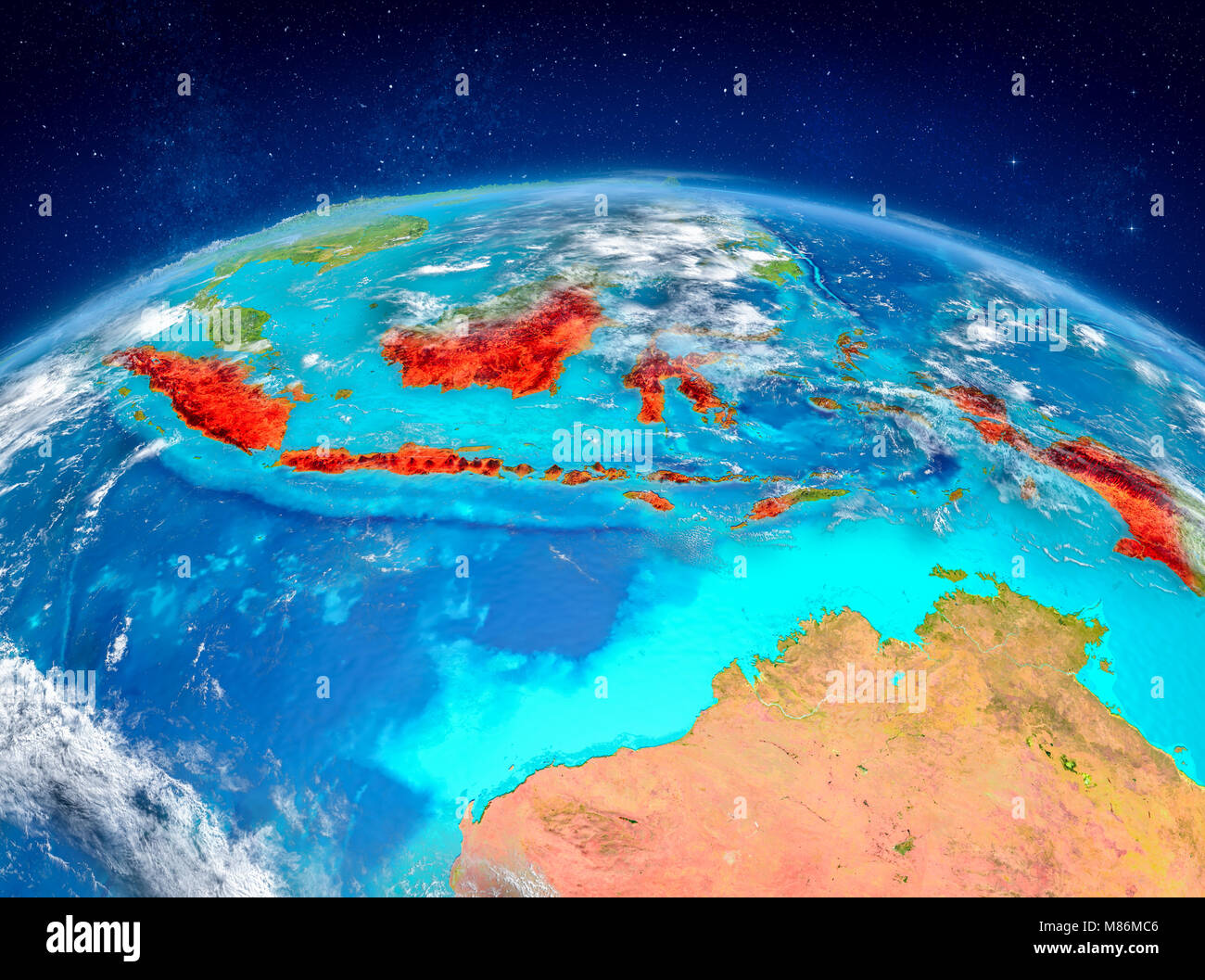 Orbit view of Indonesia highlighted in red on planet Earth with highly ...