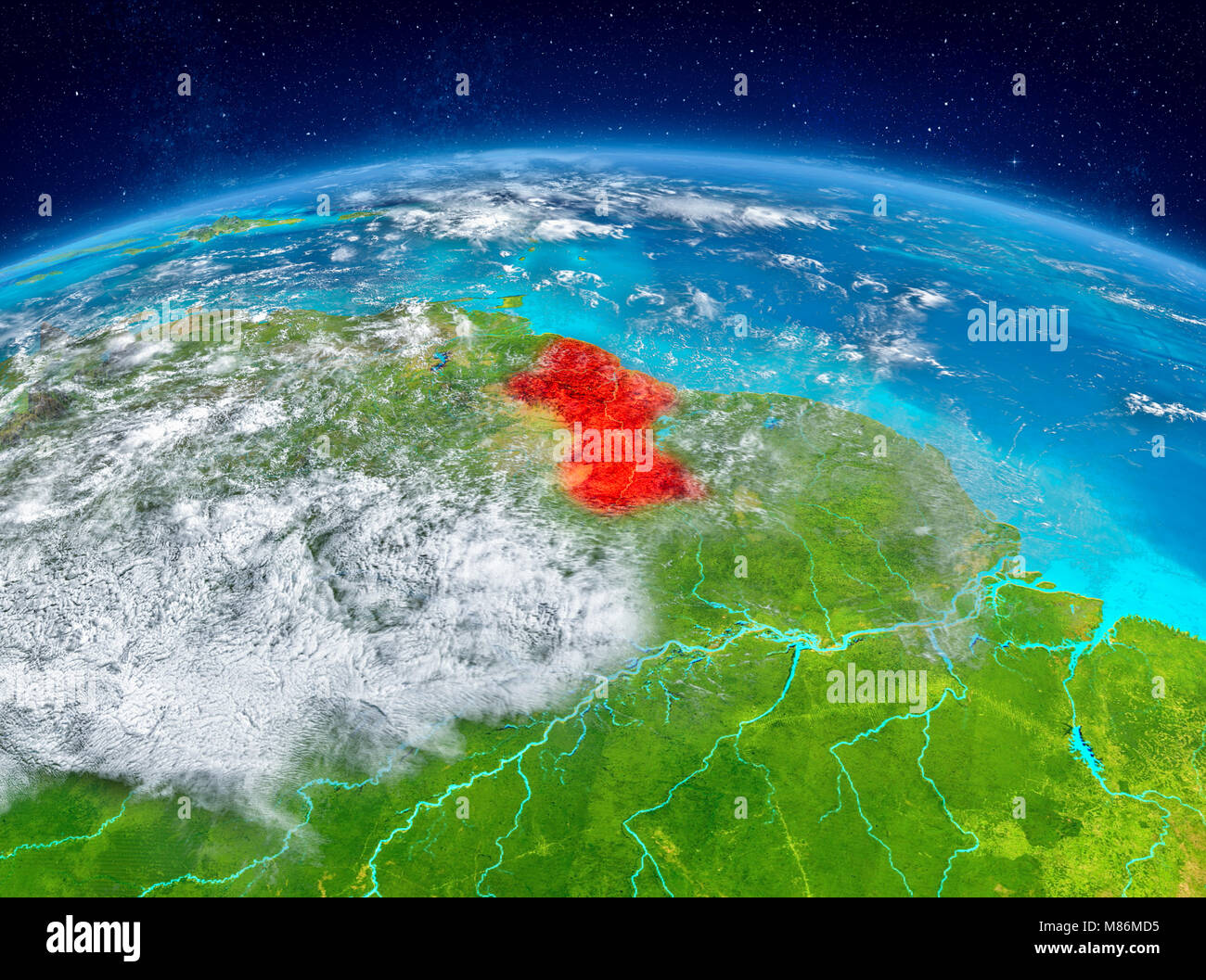 Orbit view of Guyana highlighted in red on planet Earth with highly ...