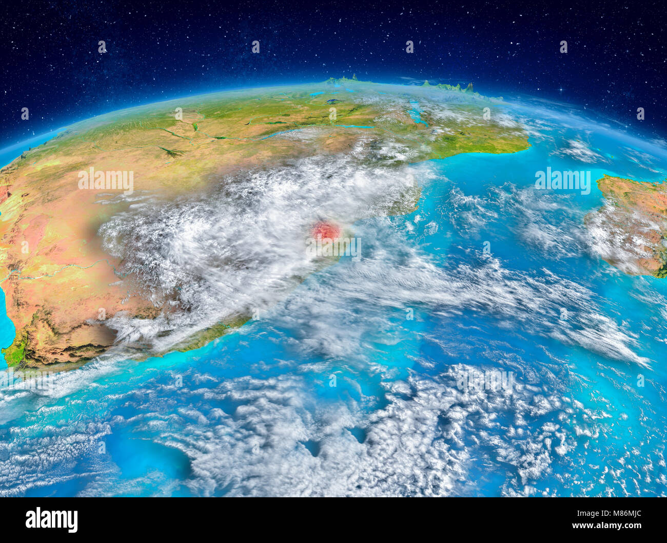 Orbit view of Swaziland highlighted in red on planet Earth with highly detailed surface textures ...