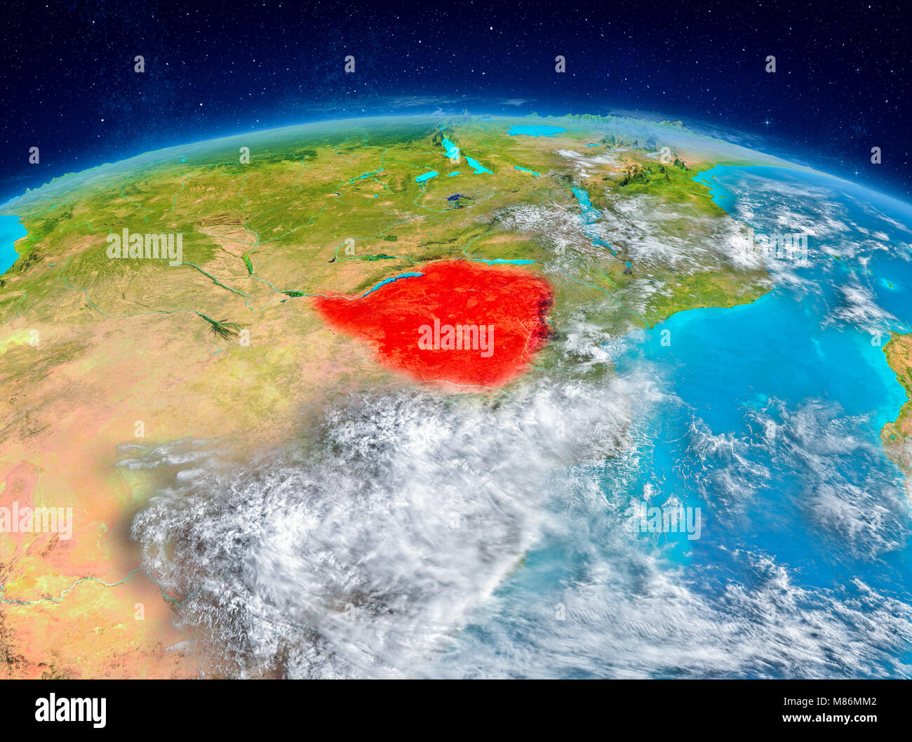 Orbit view of Zimbabwe highlighted in red on planet Earth with highly detailed surface textures ...