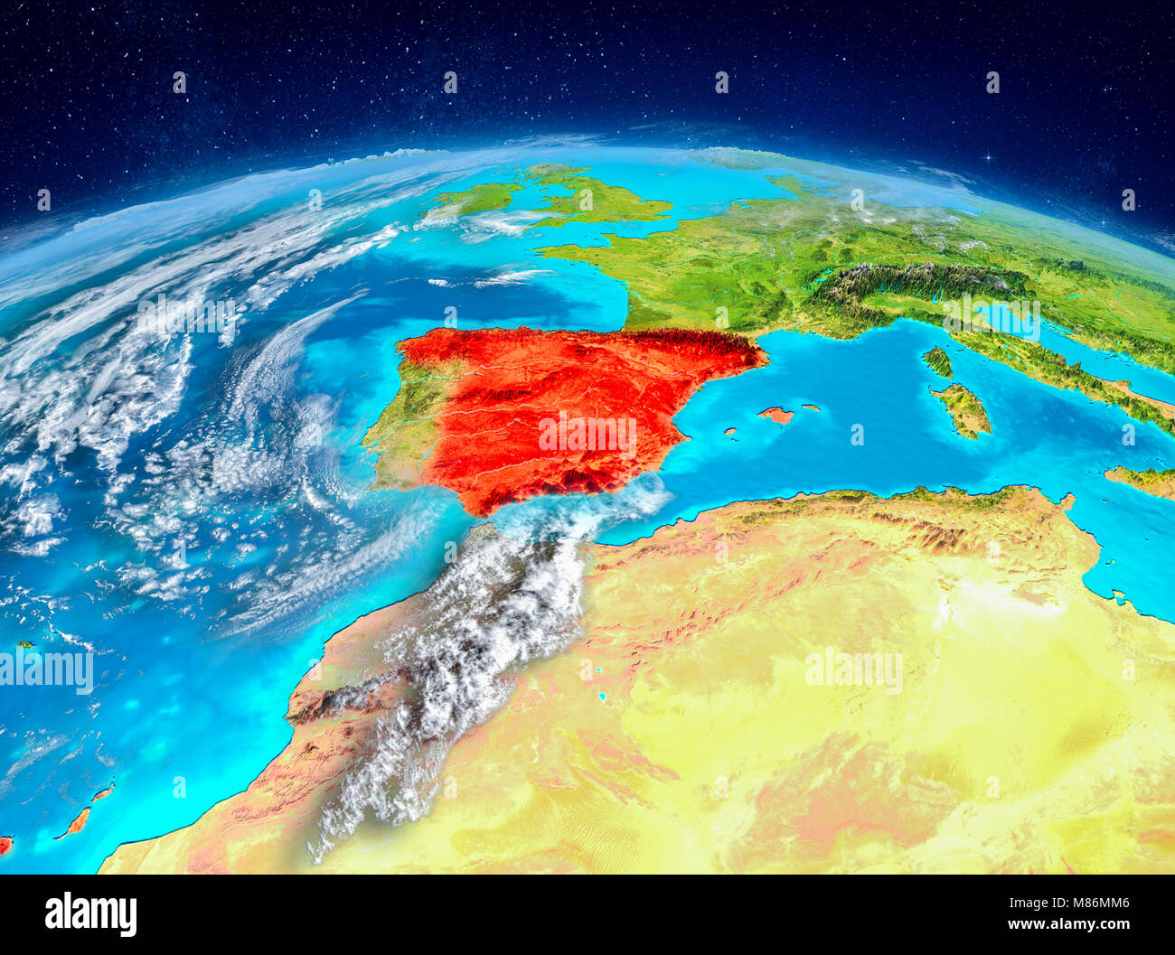 Orbit view of Spain highlighted in red on planet Earth with highly ...