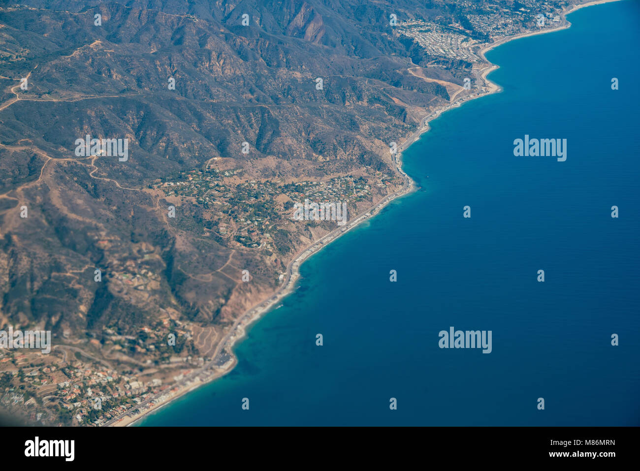 Aerial view of Malibu area with ocean and mountains, Los Angeles County ...
