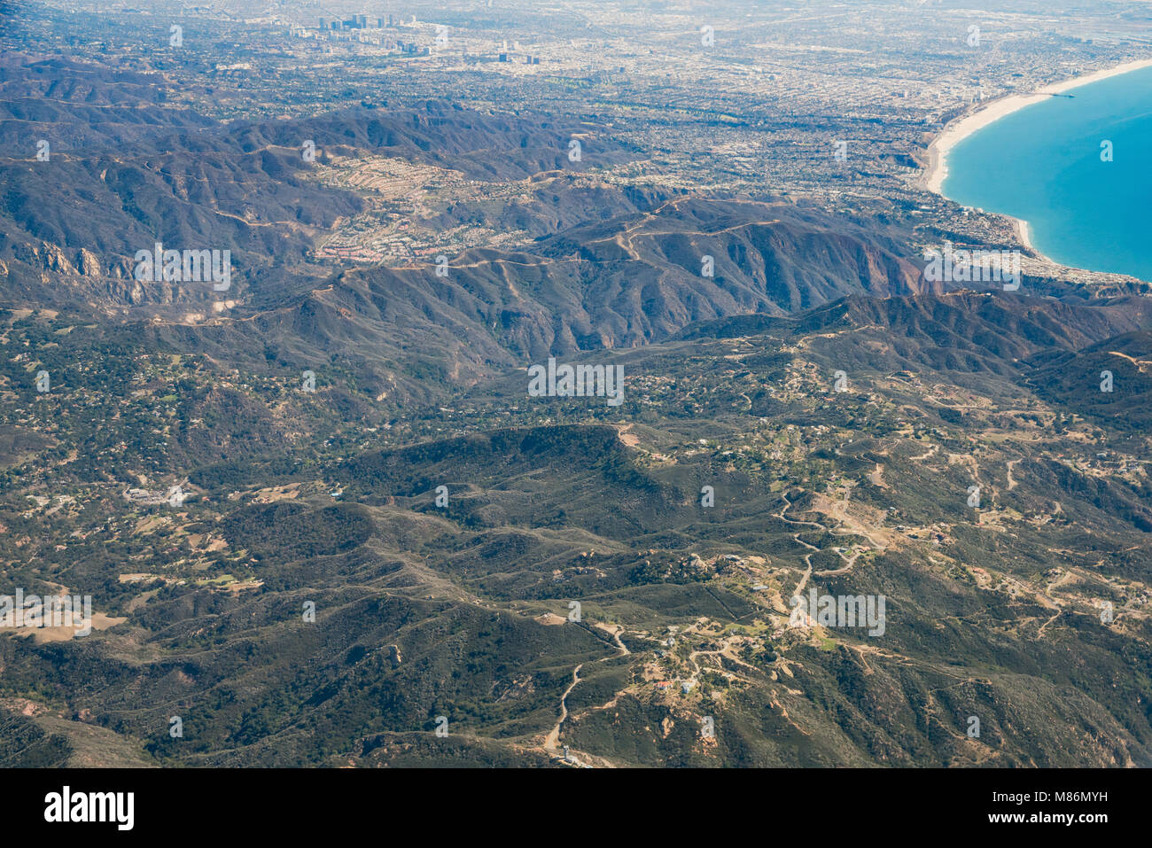 Aerial view of Malibu area with ocean and mountains, Los Angeles County ...