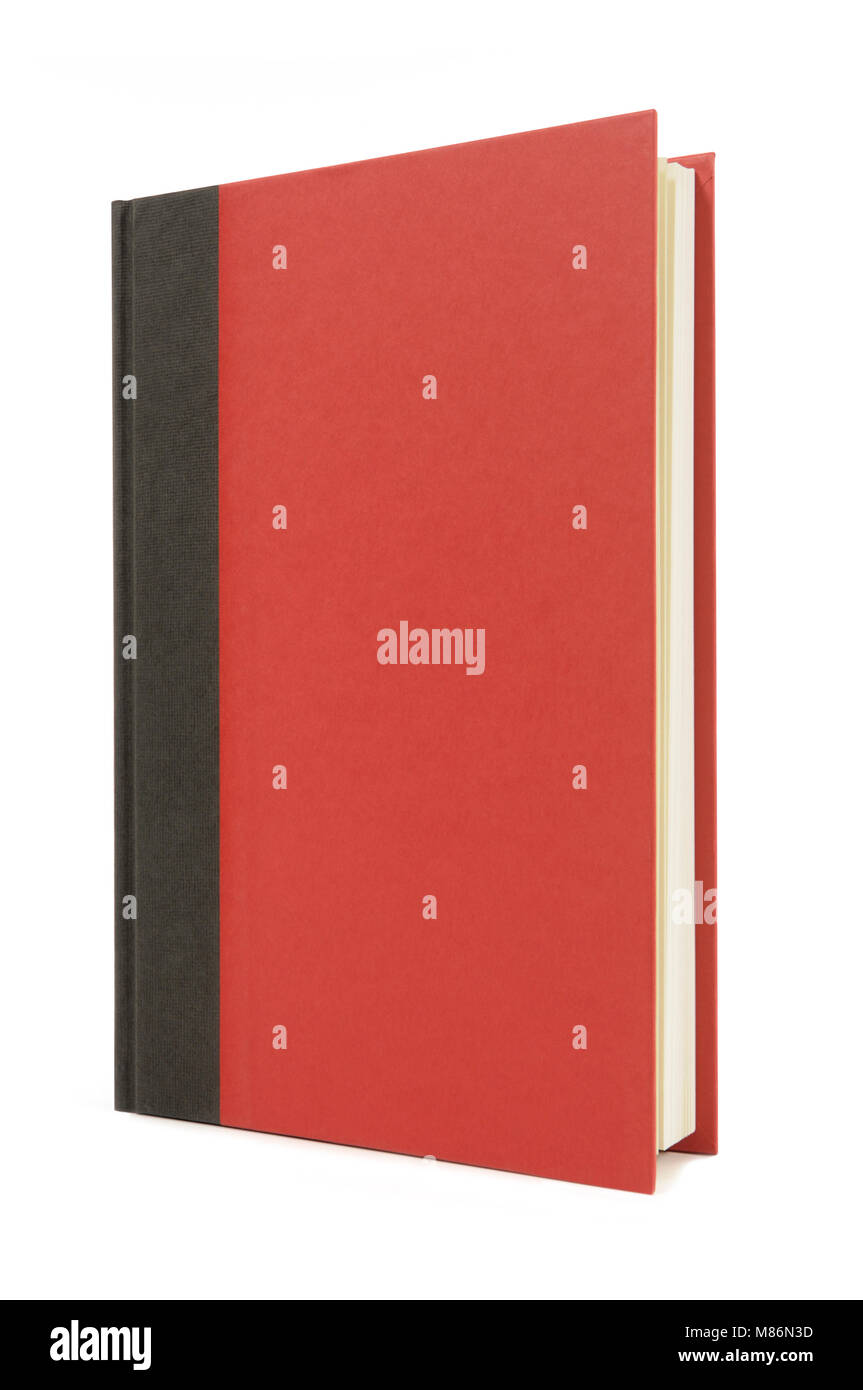 Red and black hardback book standing upright isolated on a white ...