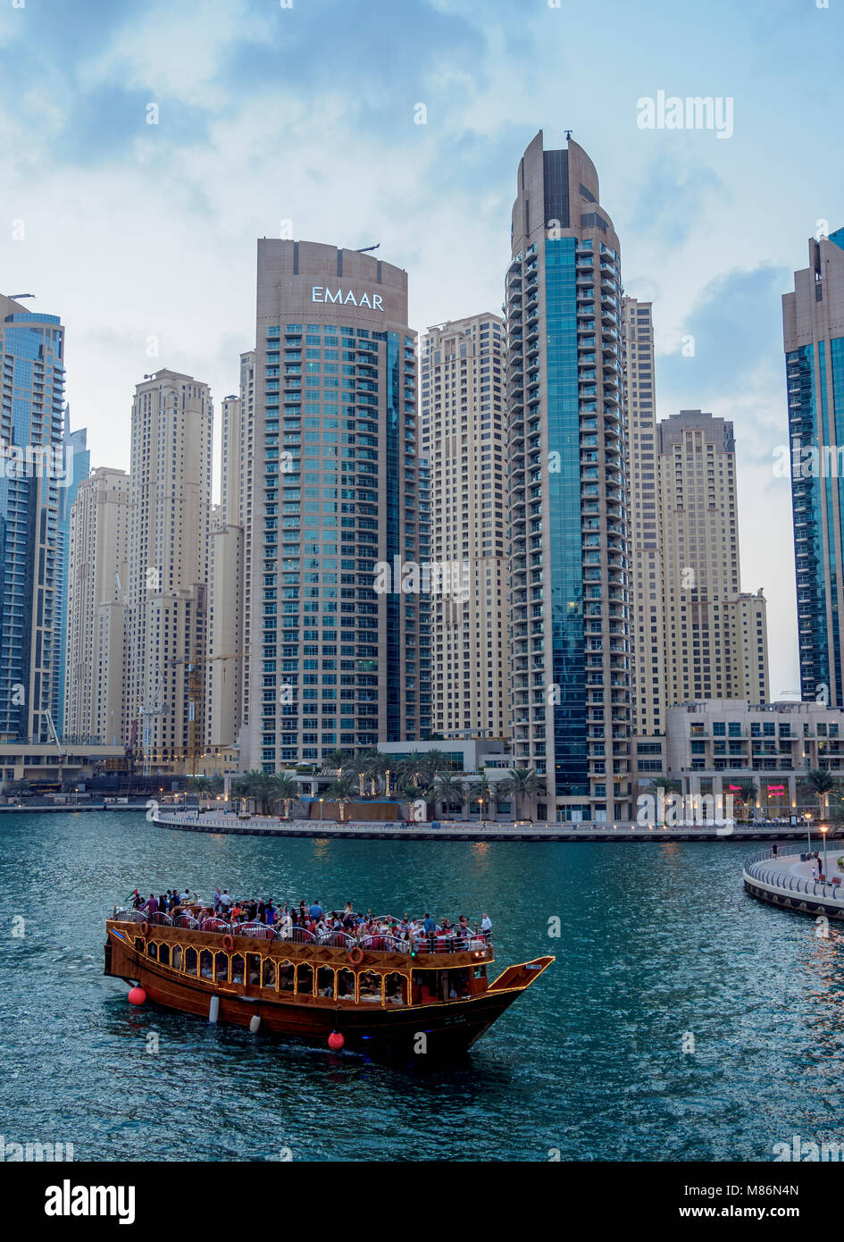 Dhow in Dubai Marina at dusk, Dubai, United Arab Emirates Stock Photo ...