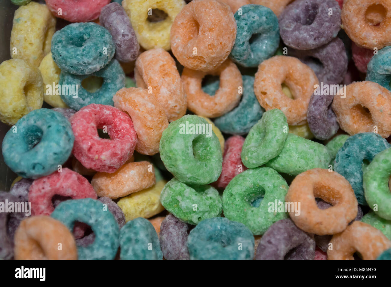 The fruit-flavored looped cereal in a bowl ready for breakfast Stock ...