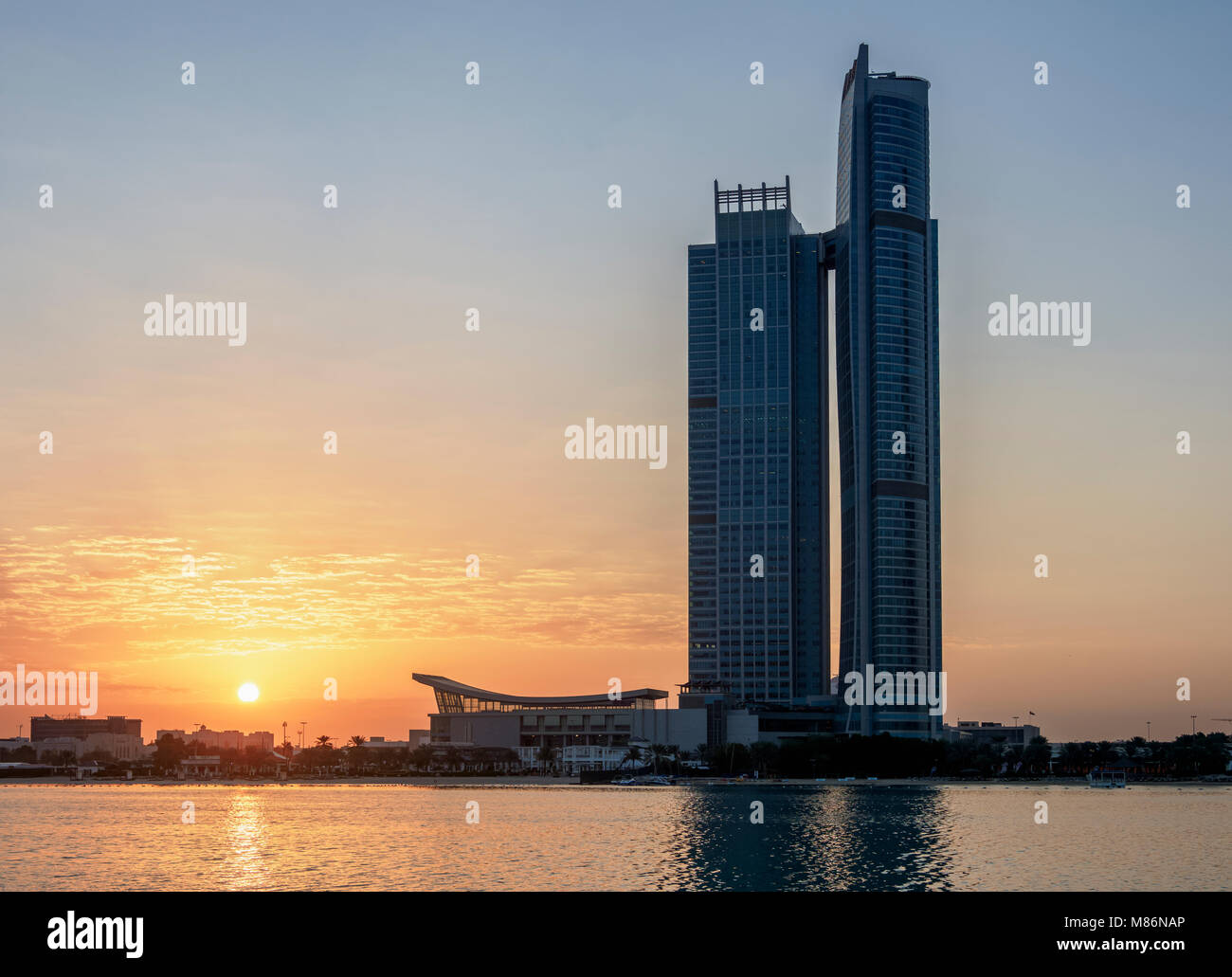Nation Towers at sunrise, Abu Dhabi, United Arab Emirates Stock Photo ...