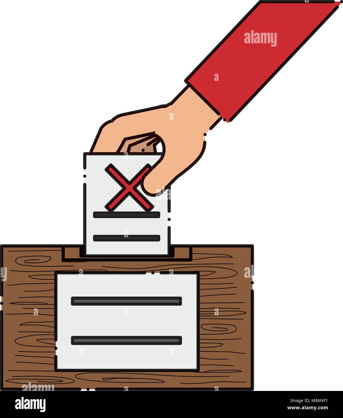 Hand putting a voting paper with a cross in the ballot box over white ...