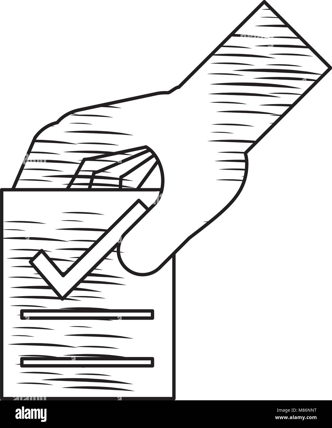 sketch of hand with votation paper with check icon over white ...