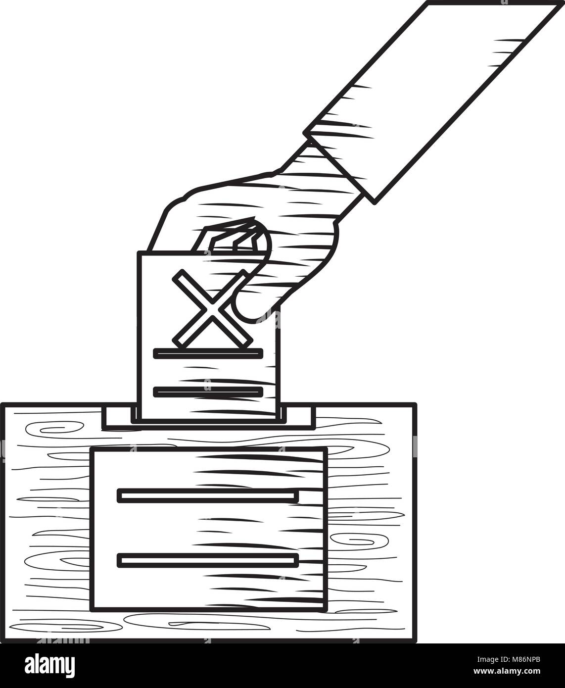 Hand putting a voting paper with a cross in the ballot box over white ...