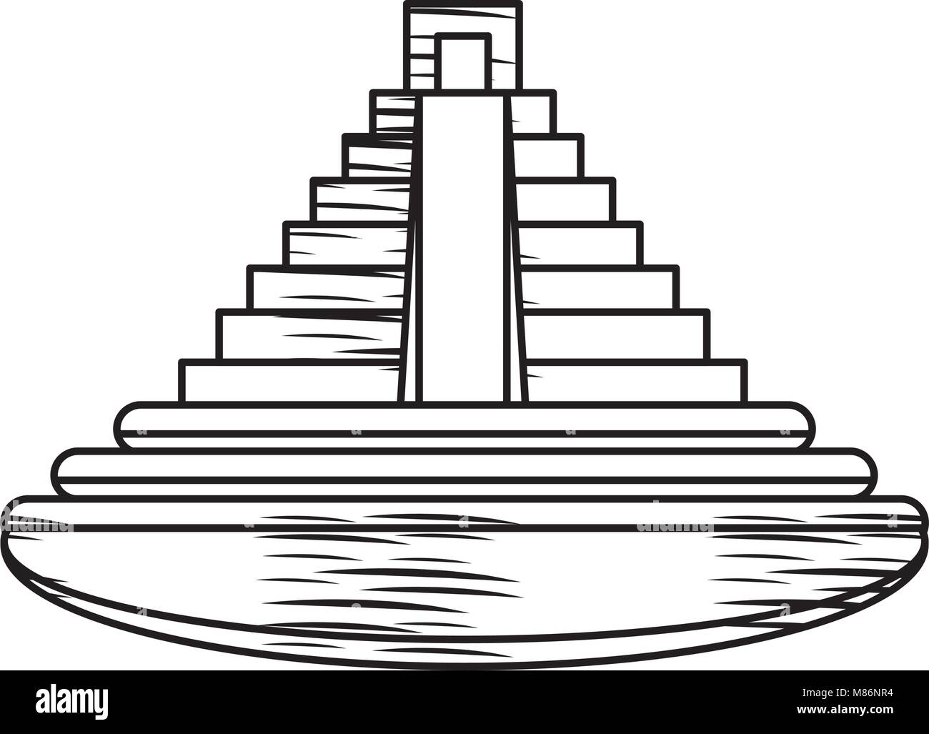sketch of mexican pyramid surrounded by water over white background ...
