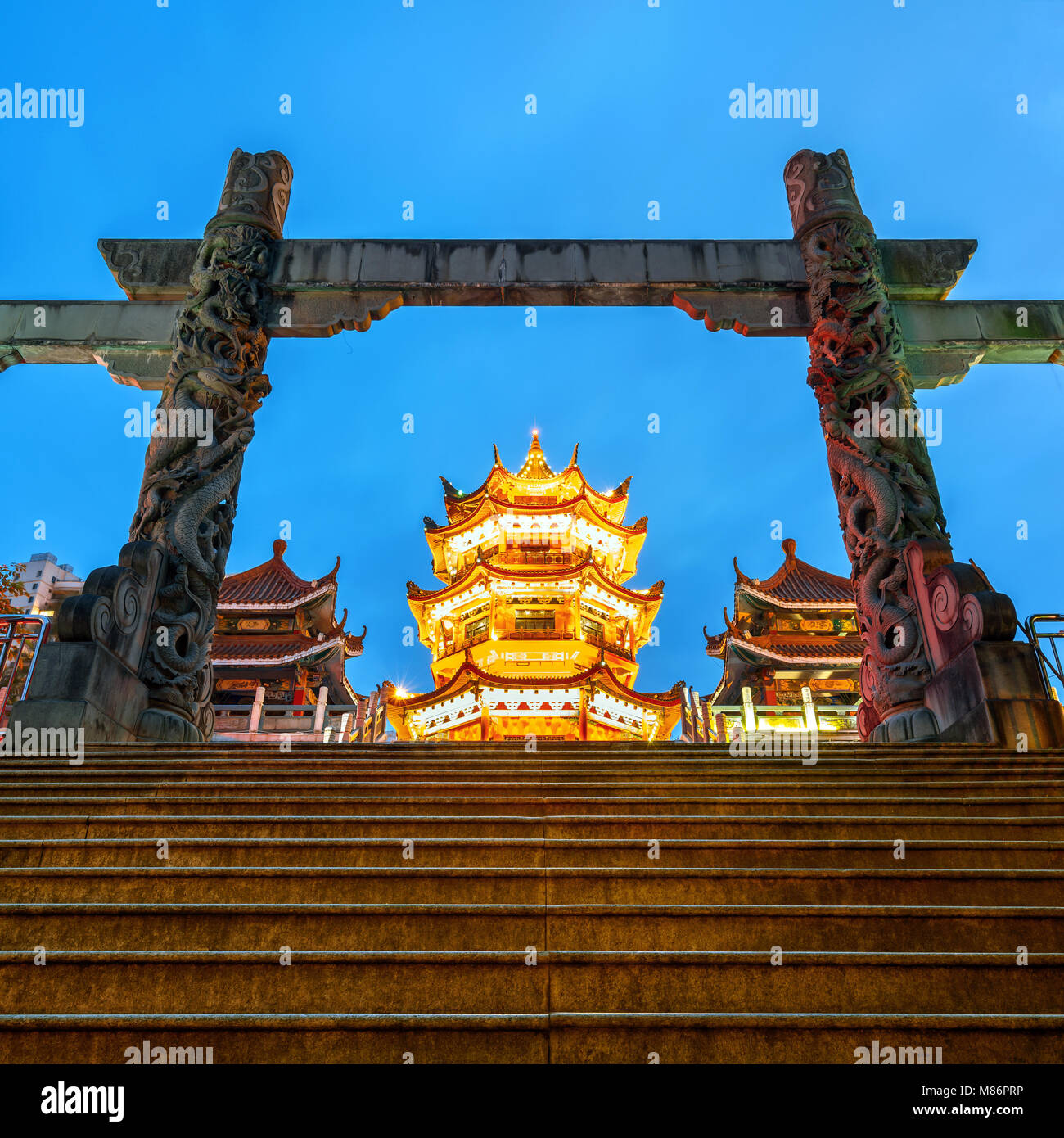 The famous Chinese classical architecture is located on the bank of the ...