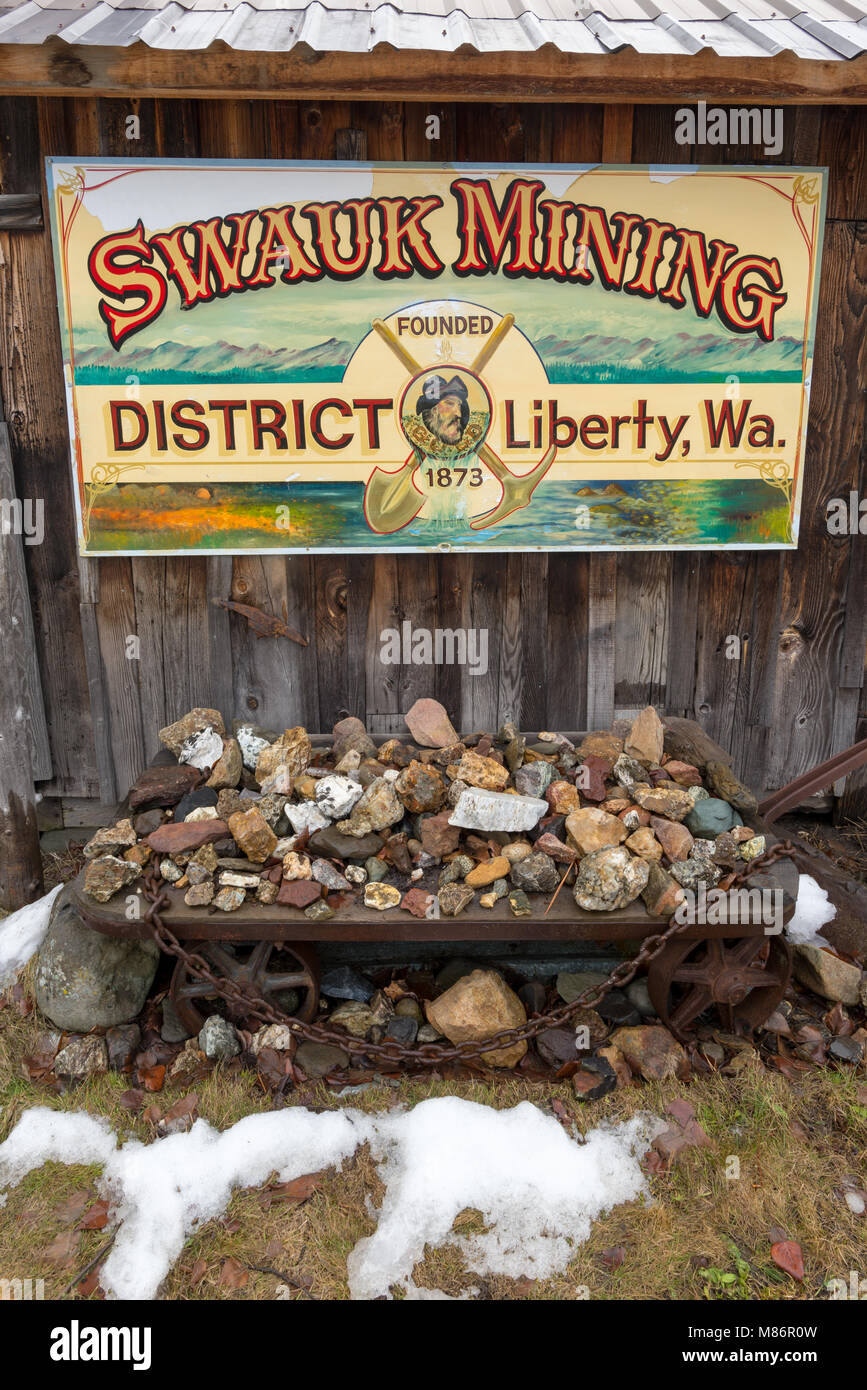 Mine cart and sign on an old building in the historic mining town of ...