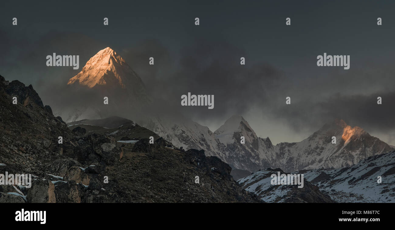 Pumori summit or peak at sunset or sunrise. Everest base camp trek ...