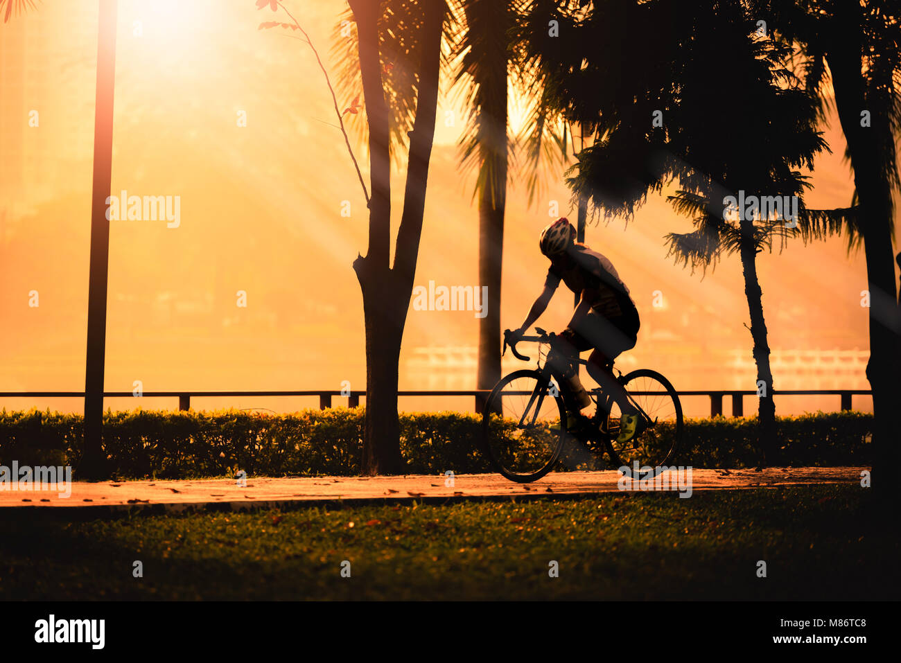 Silhouette of young woman cyclist on sunset in park Stock Photo - Alamy