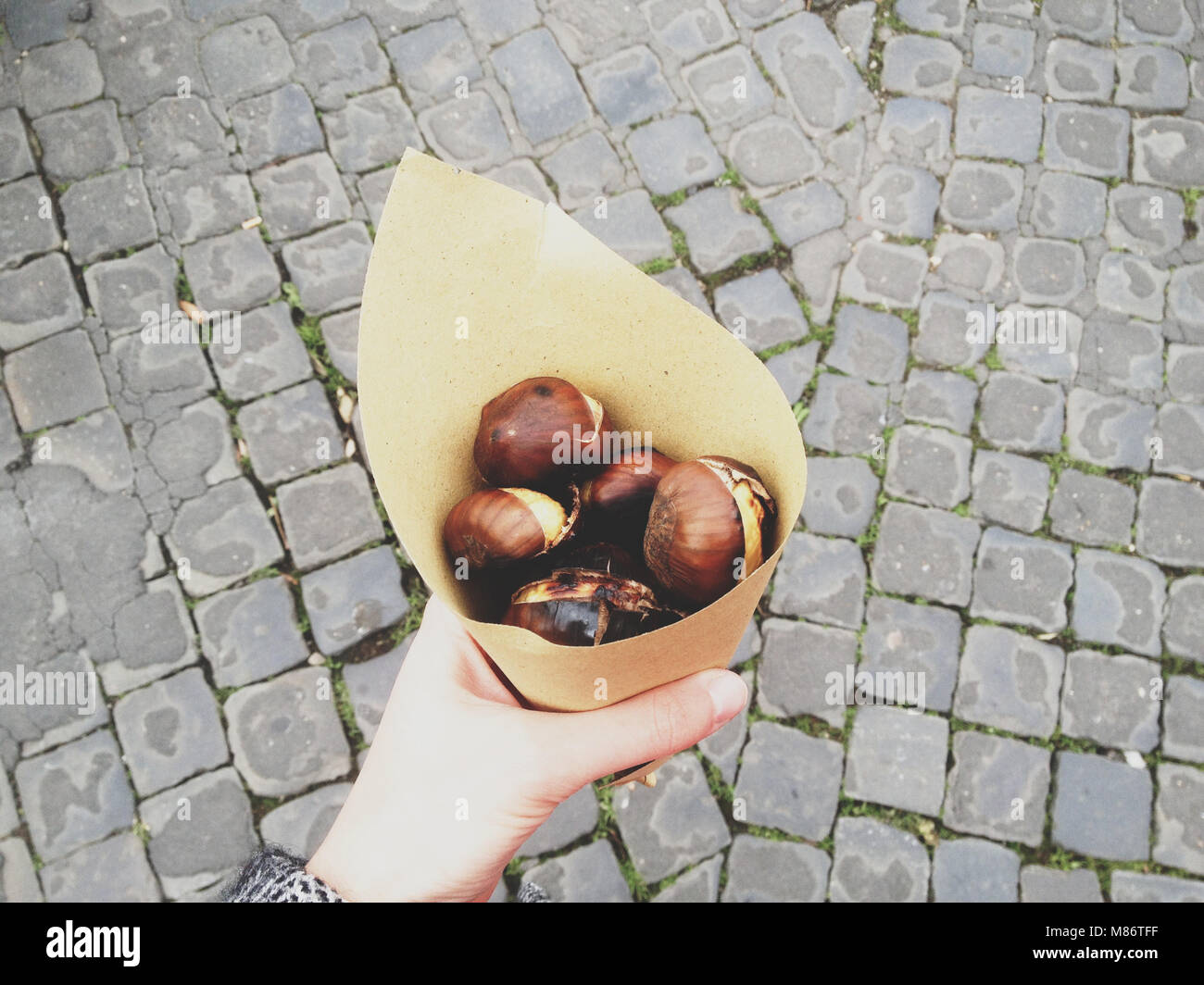 Woman's hand holding roasted chestnuts wrapped in paper Stock Photo - Alamy
