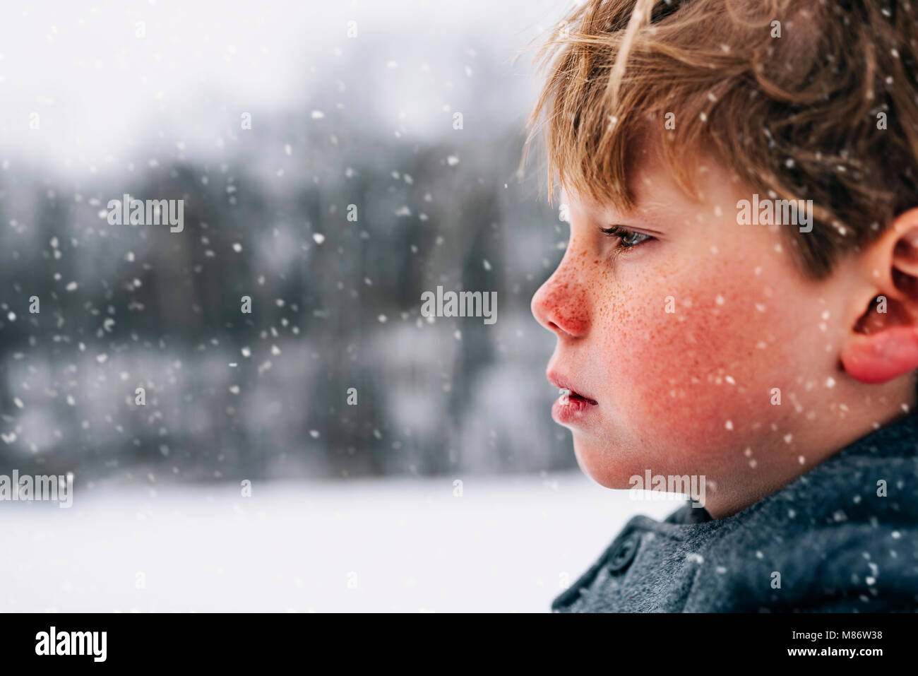 Portrait of a boy standing in the snow Stock Photo - Alamy